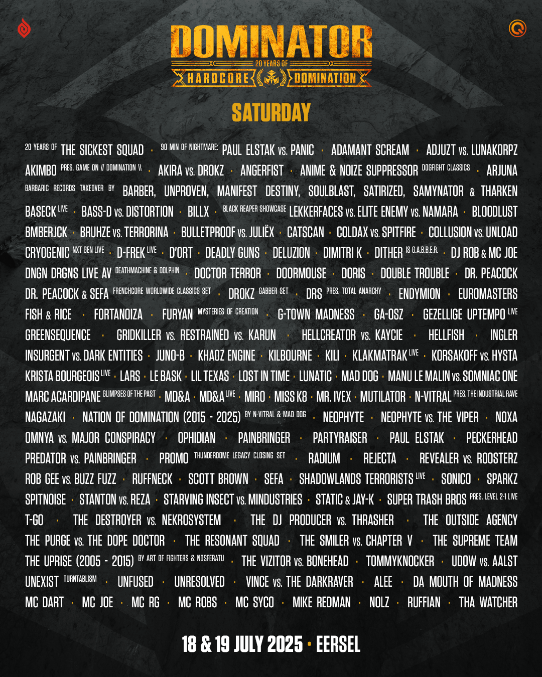 This is the full line-up for Dominator 2025 - 20 Years of Hardcore Domination - Art of Dance